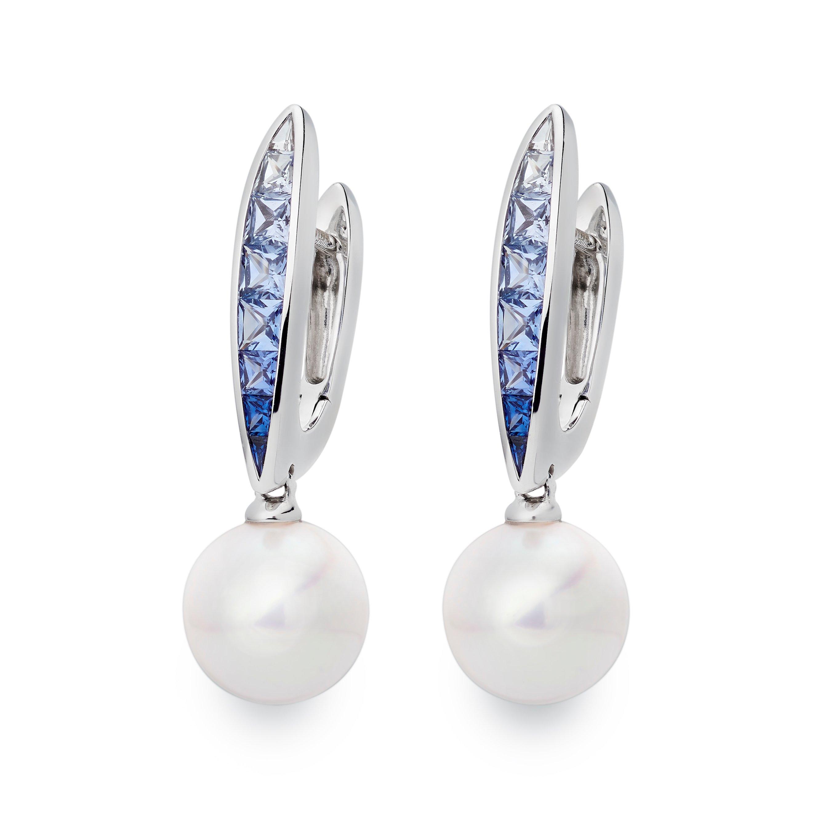 Mikimoto Ocean Pearl and Sapphire Drop Earrings in 18ct White Gold ...